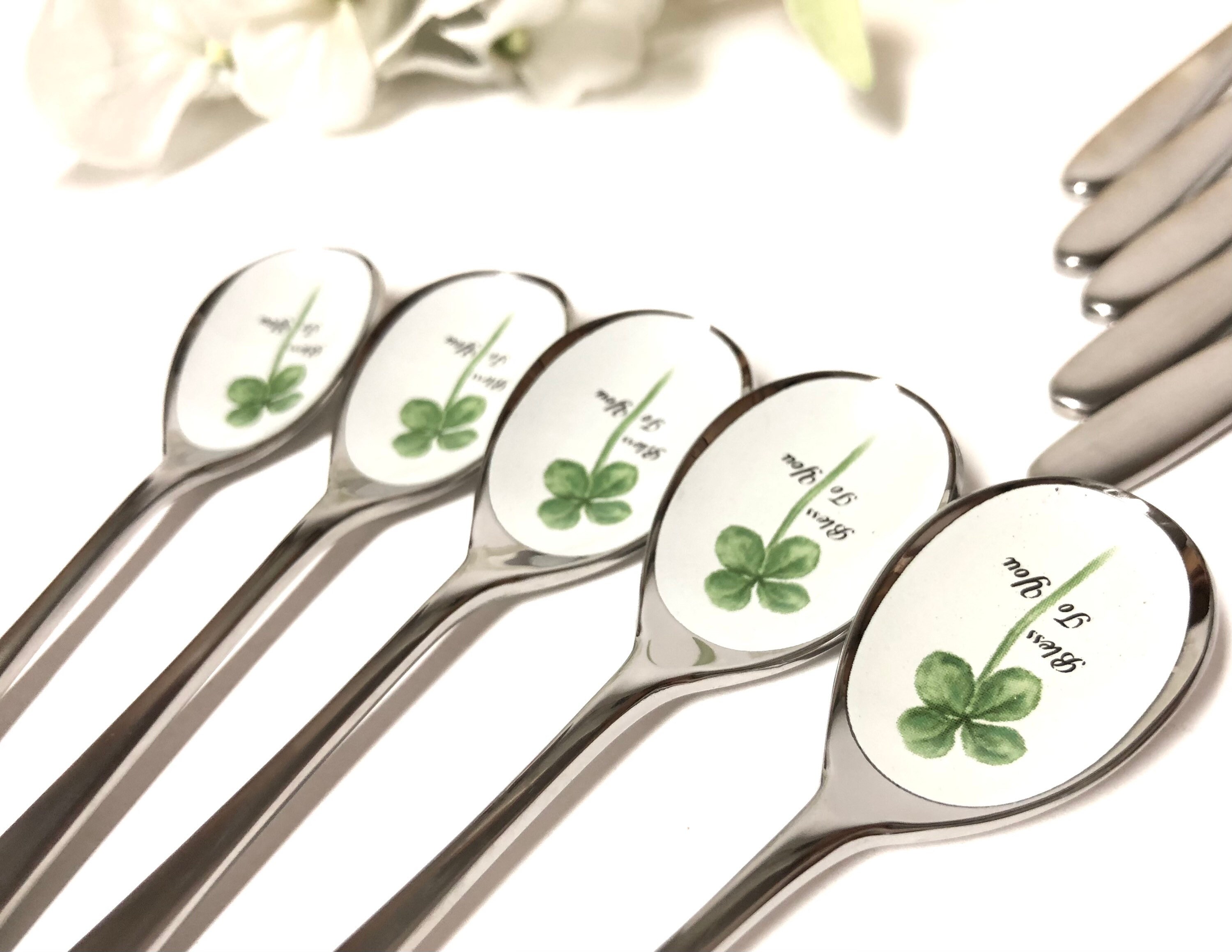 NOS 10pcs Enamel Green Clover Irish Small Forks Spoons Parfait Cocktail ...