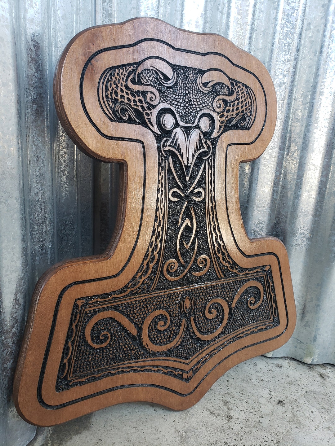 Thor's Hammer Raven Head Mjolnir Wood Carving - Sacred Norse Hammer ...