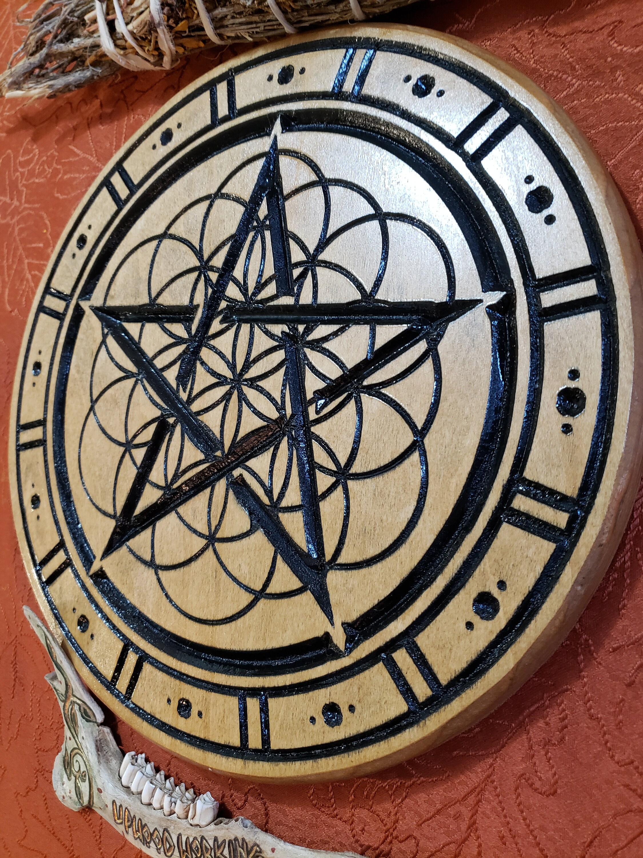 Pentacle and Flower of Life Wood Carving - Altar Art - Wall Hanging ...