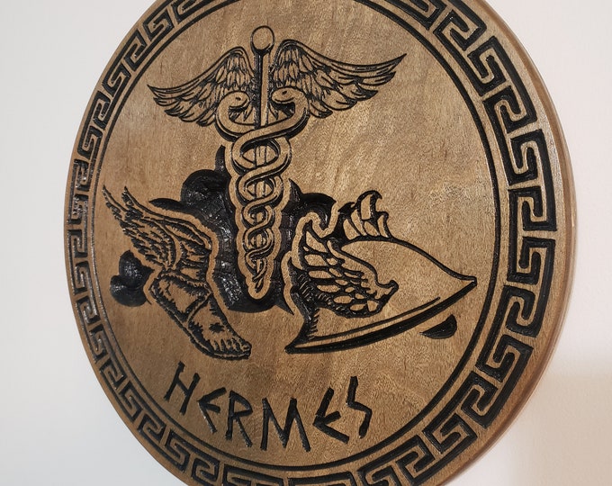 Hermes Wood Deity Plaque Mercury Caduceus Carved Altar Pagan Hellenic ...