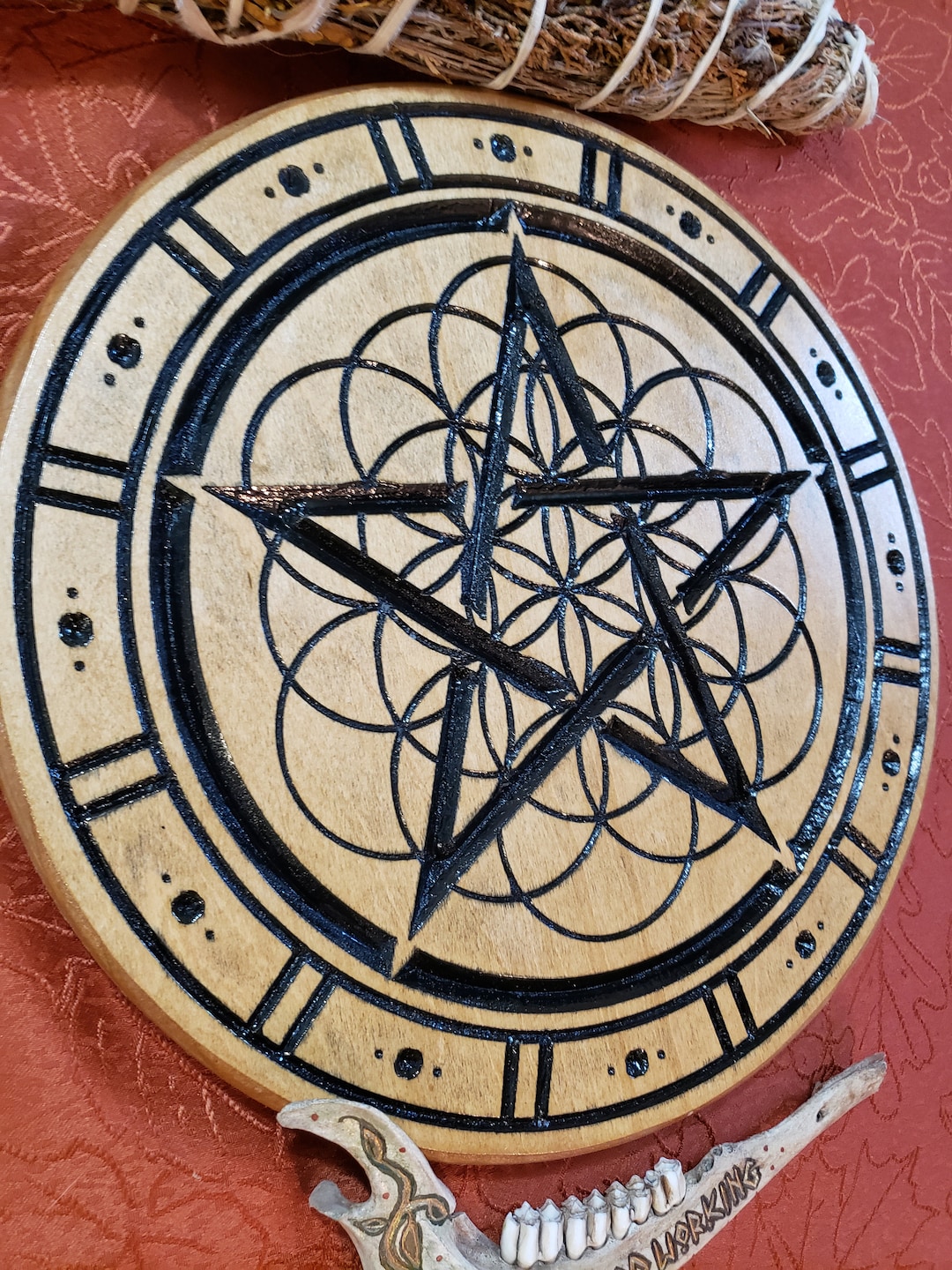 Pentacle and Flower of Life Wood Carving - Altar Art - Wall Hanging ...
