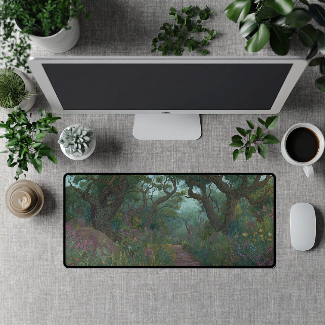 Whimsical Forest Desk Mat, Fantasy Forest Mouse Pad, Cottagecore Nature ...