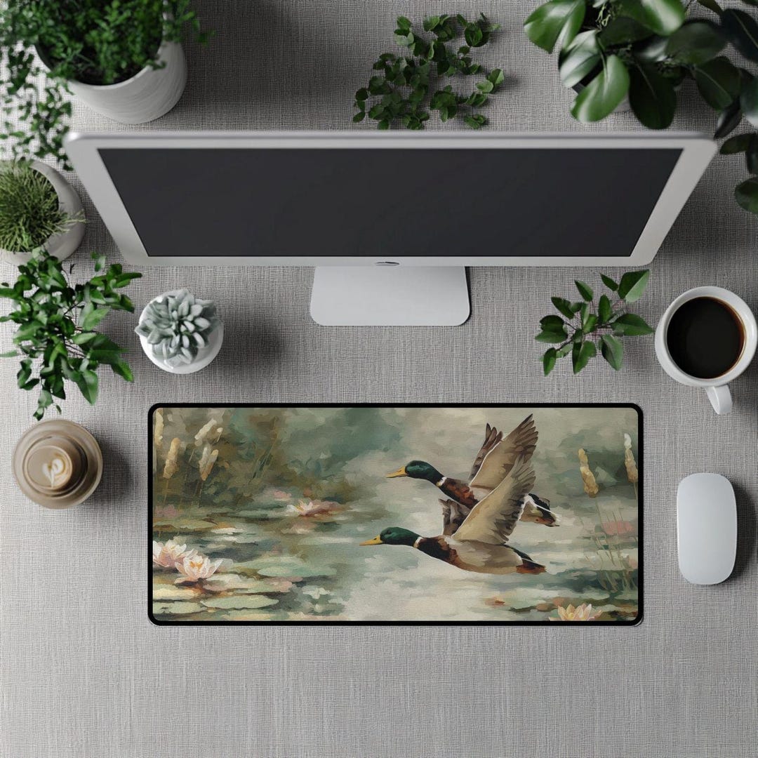 Mallard Ducks in Flight Desk Mat, Watercolor Pond Mouse Pad, Naturecore ...