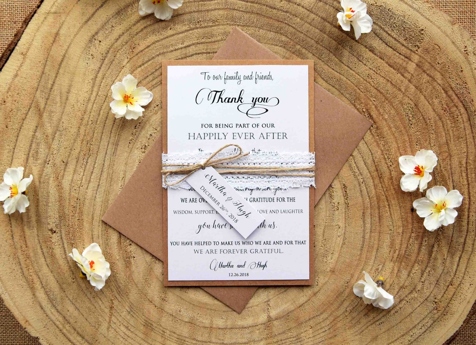 Wedding Thank You Card, Rustic Thank You Card, Lace Wedding Thank You ...