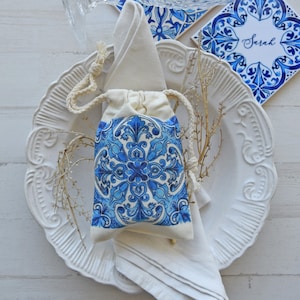 Drawstring Bags With a Blue Tile Pattern - 6x4in - Medium Size, Perfect ...