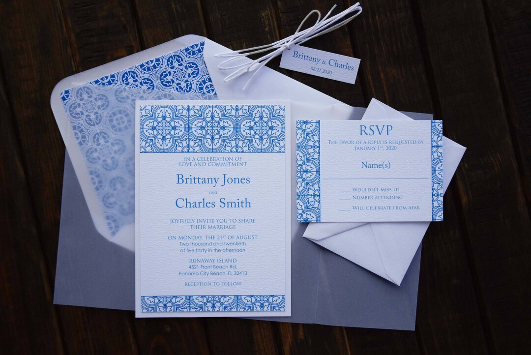 Wrapped Blue Tile Wedding Invitation Portuguese Tile Wedding - Etsy