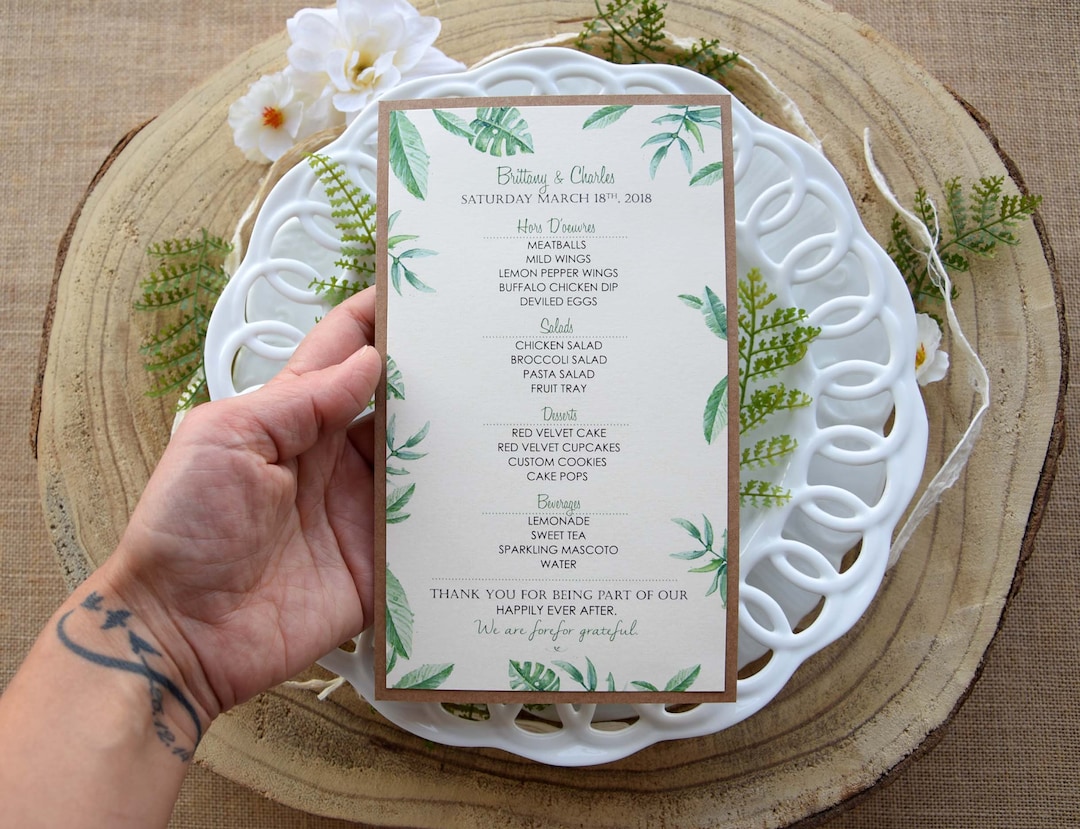 Greenery Wedding Dinner Menu, Leafs Menu, Green Bridal Shower Menu ...