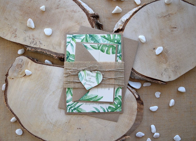 Rustic Green Wedding Invitations Tropical Greenery Leaves | Etsy