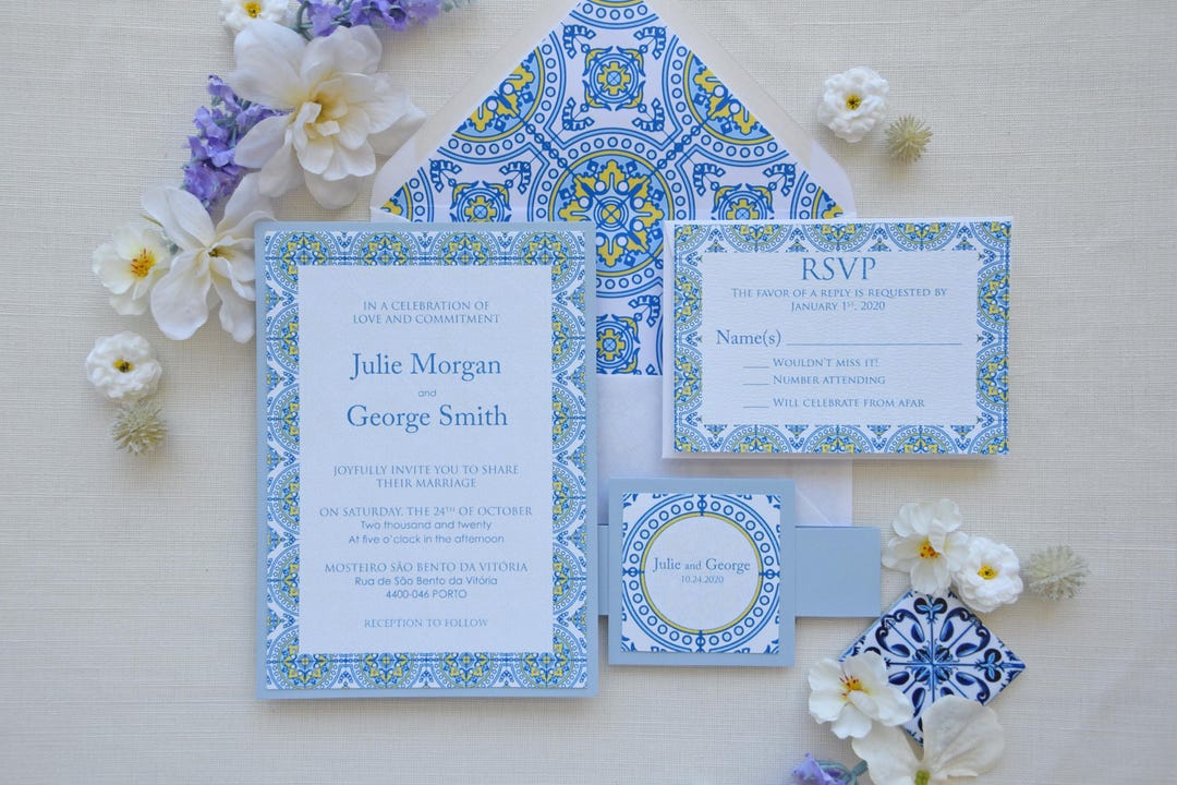 Blue and Yellow Tile Wedding Invitation, Portuguese Tile Wedding Invite ...