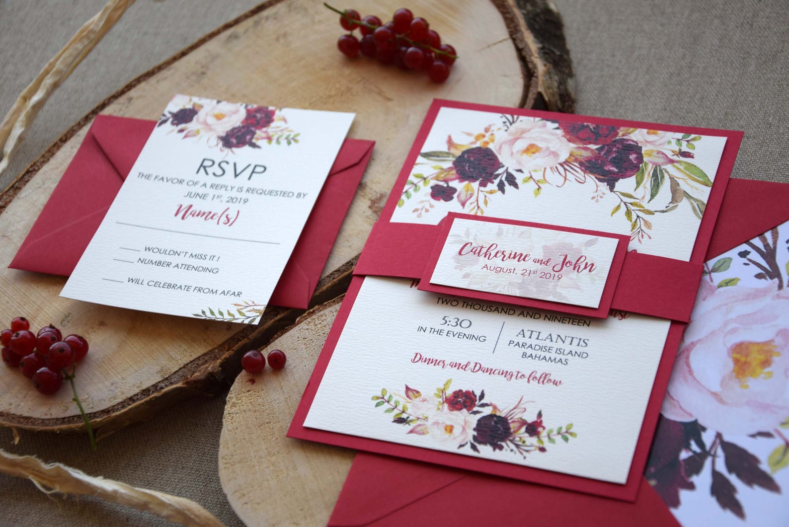 Autumn Shabby Chic Wedding Invitation Beautiful Red Wedding - Etsy