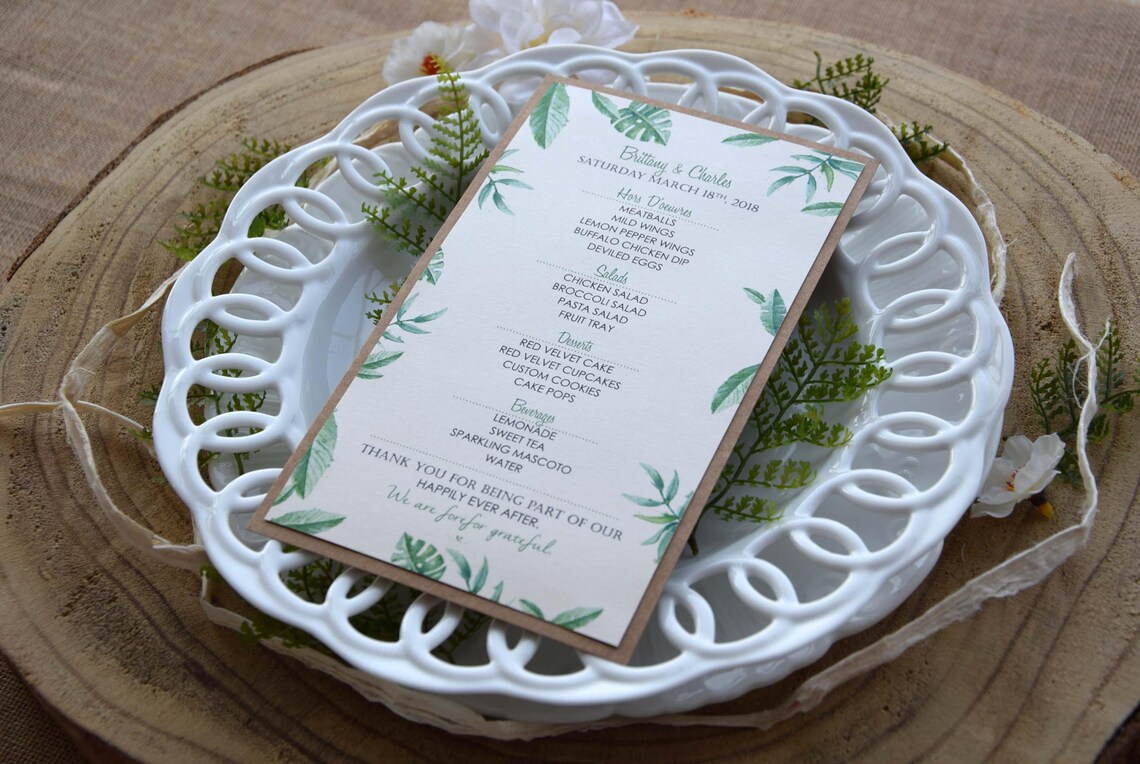 Greenery Wedding Dinner Menu Leafs Menu Green Bridal Shower - Etsy