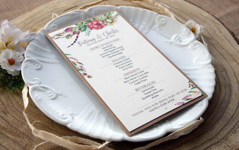 Green Watercolor Wedding Dinner Menu, Pink Dinner Menu, Floral Party ...