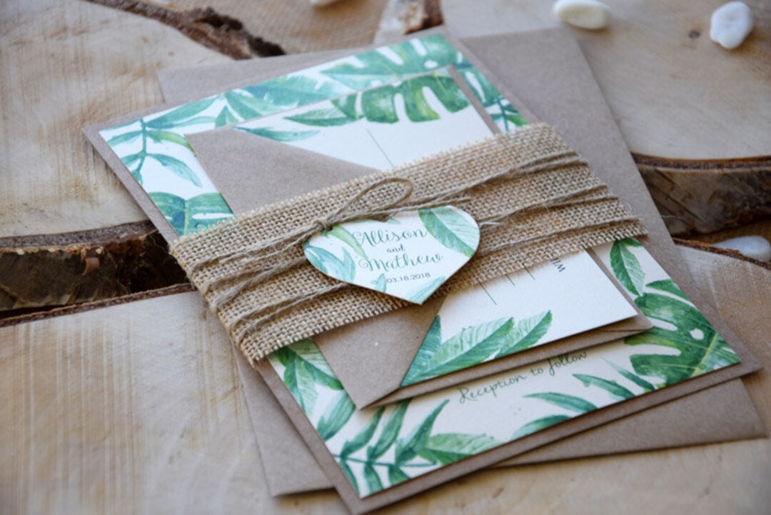 Rustic Green Wedding Invitations, Tropical Greenery Leaves Wedding ...