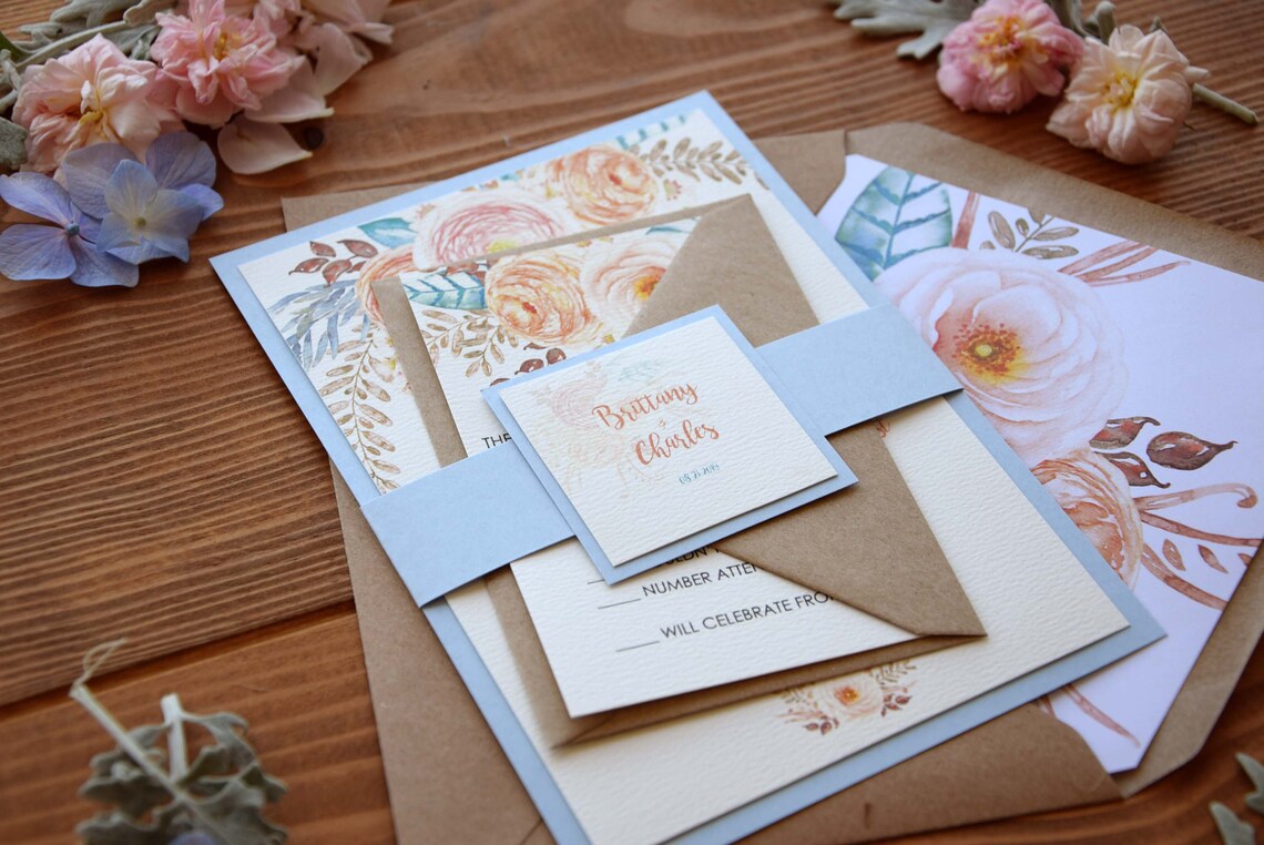 Simple Rustic Blue Wedding Invitation Floral Ranunculus - Etsy