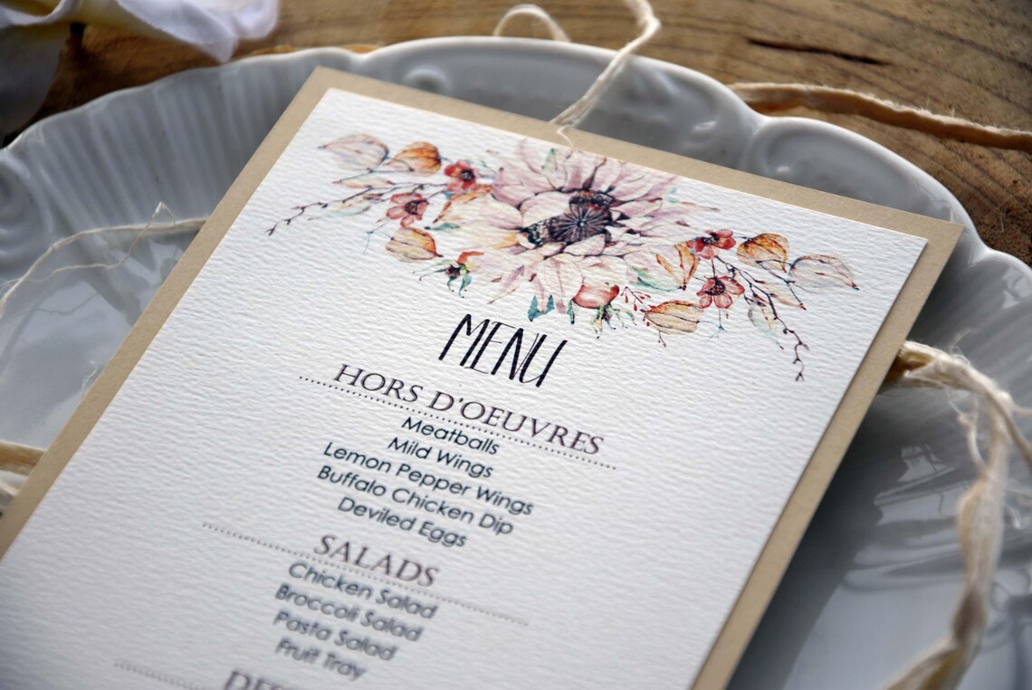 Autumn Floral Wedding Dinner Menu Fall Bridal Shower Menu | Etsy