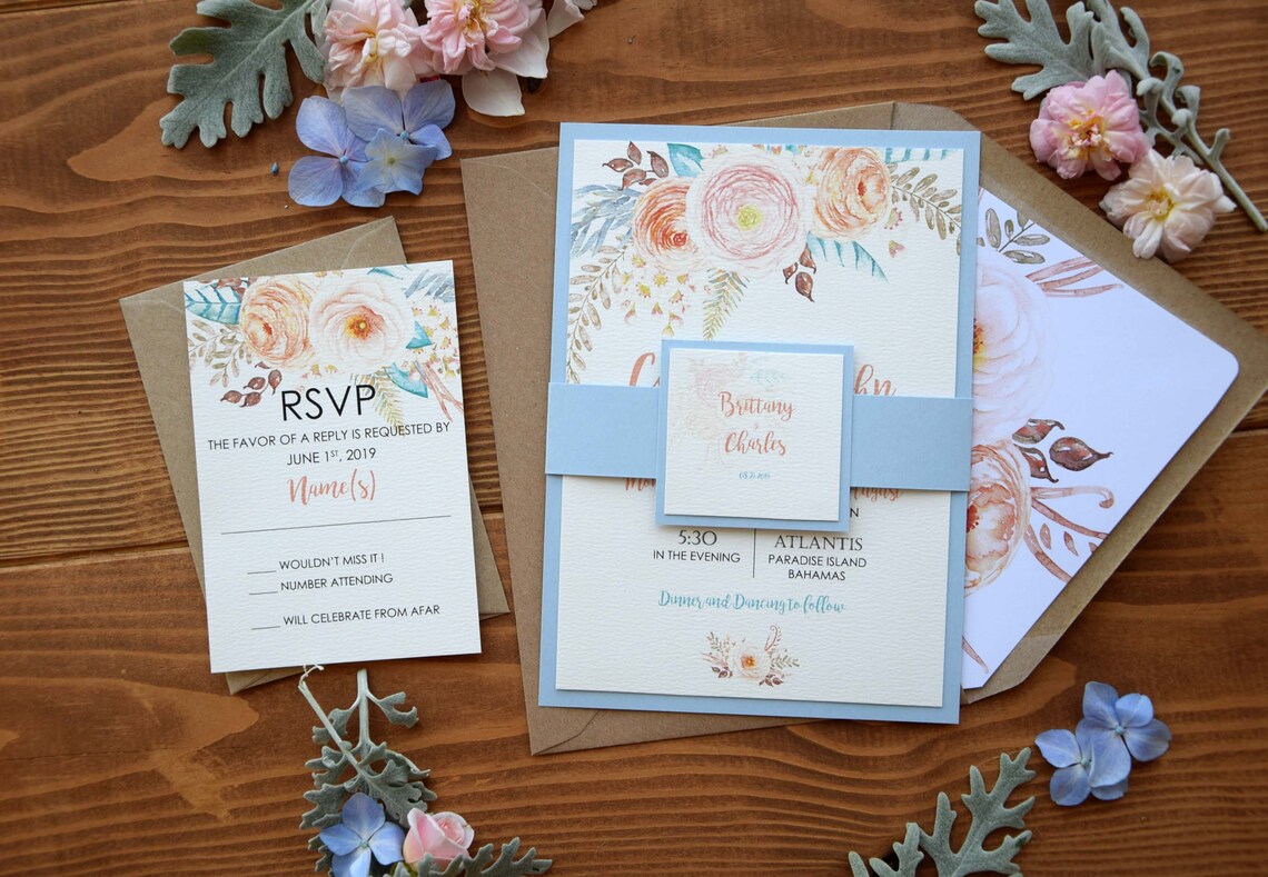 Simple Rustic Blue Wedding Invitation Floral Ranunculus - Etsy