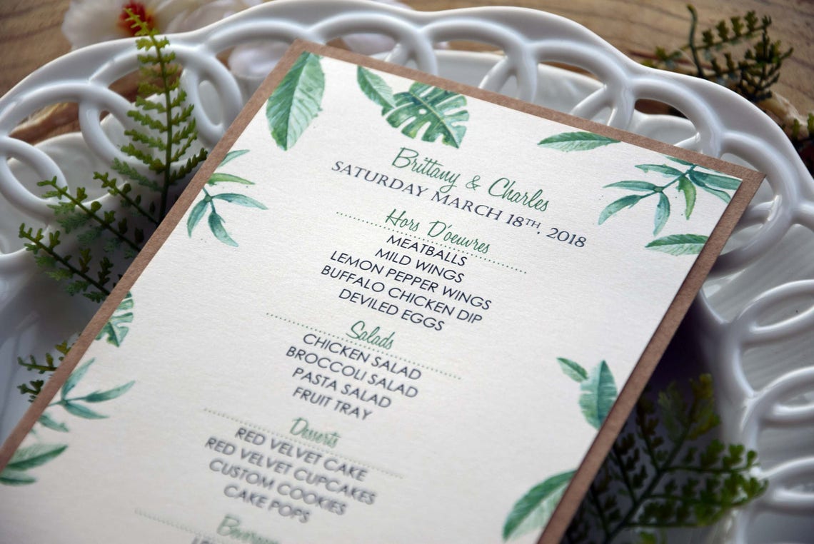 Greenery Wedding Dinner Menu Leafs Menu Green Bridal Shower - Etsy