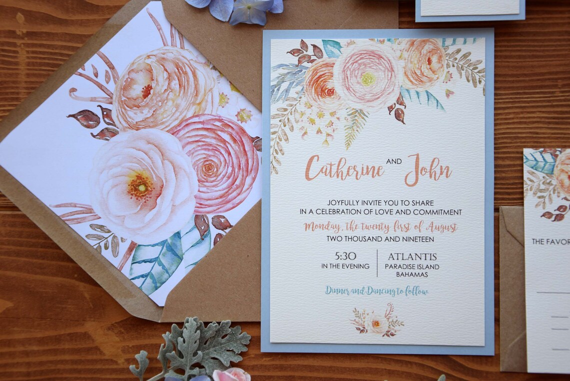 Simple Rustic Blue Wedding Invitation Floral Ranunculus - Etsy
