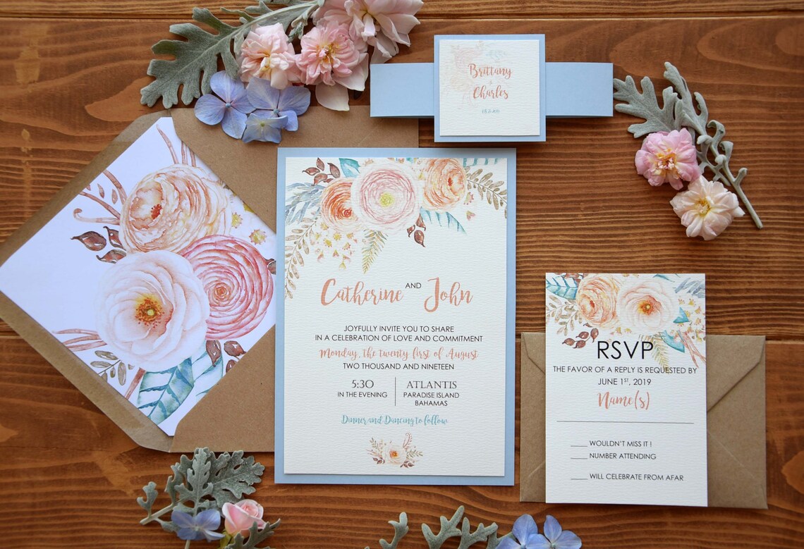 Simple Rustic Blue Wedding Invitation Floral Ranunculus - Etsy