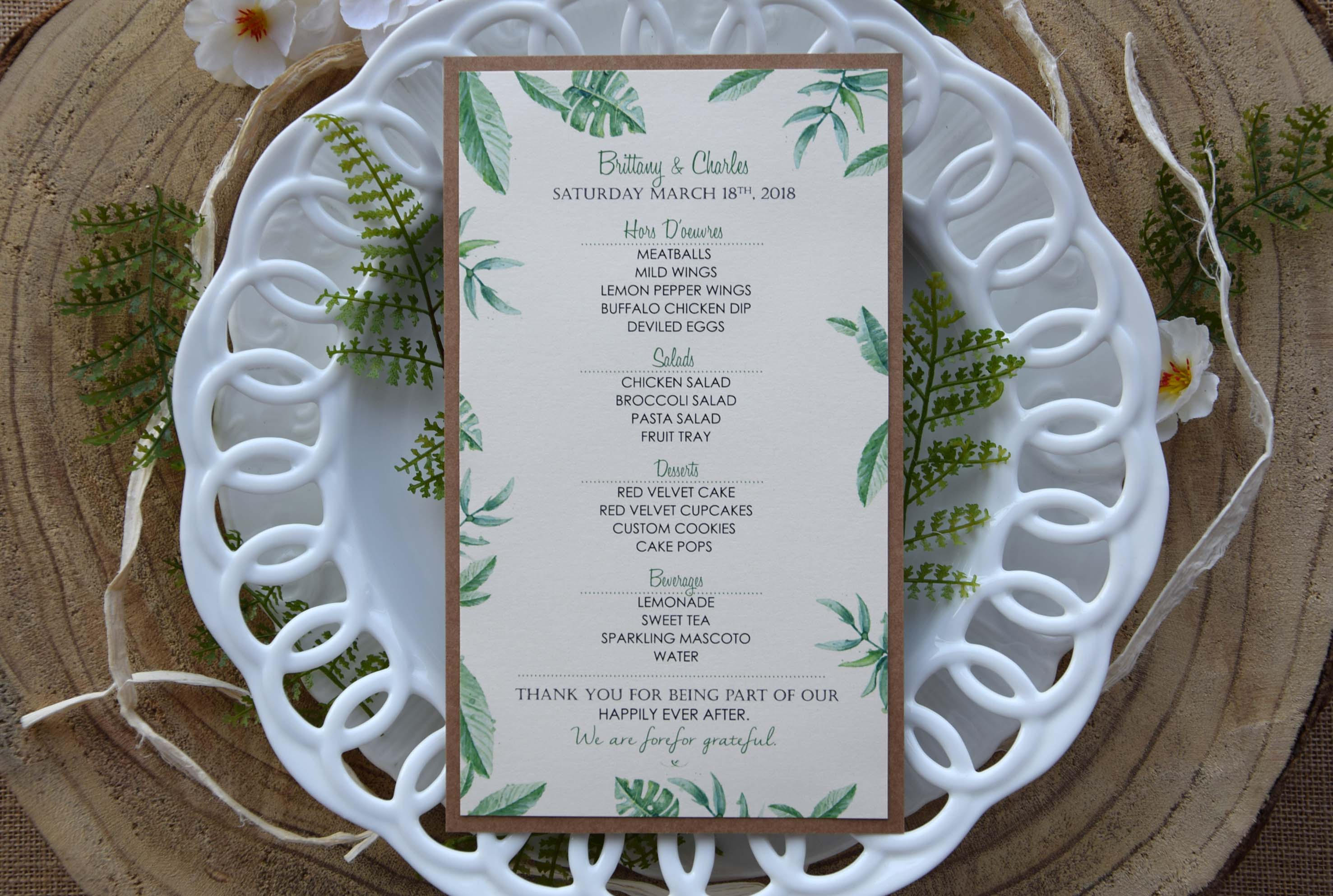 Greenery Wedding Dinner Menu Leafs Menu Green Bridal Shower | Etsy