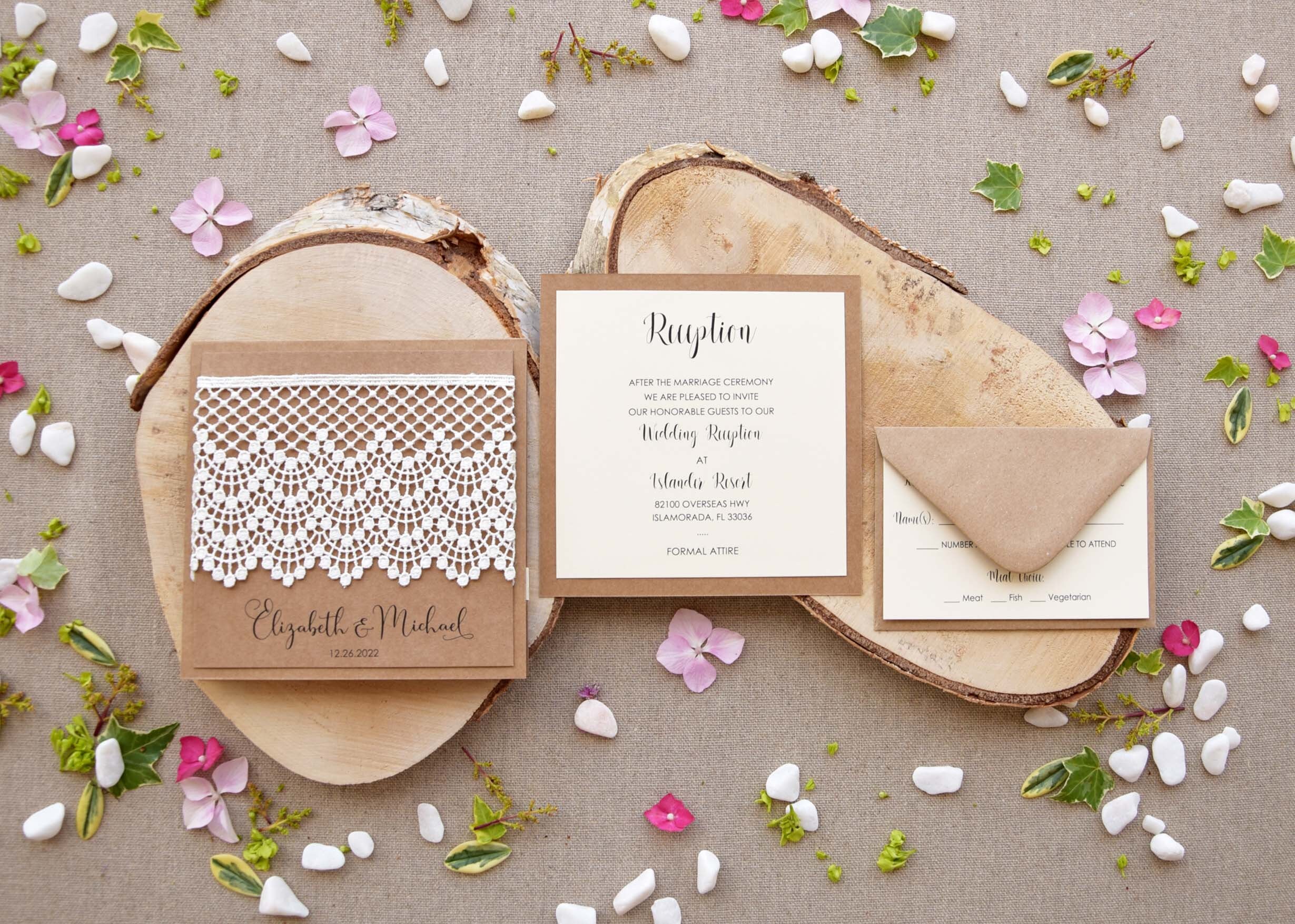 Rustic Wedding Invitations, Lace Marriage Invitations, Pocket Wedding ...