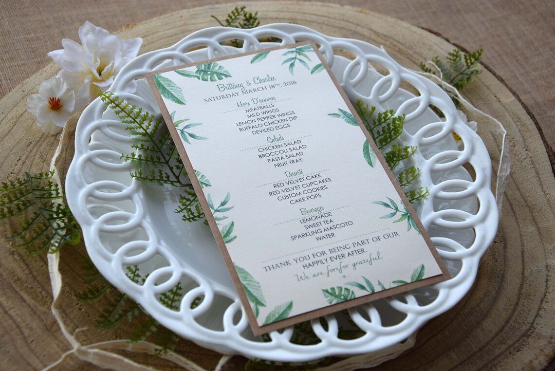 Greenery Wedding Dinner Menu Leafs Menu Green Bridal Shower - Etsy