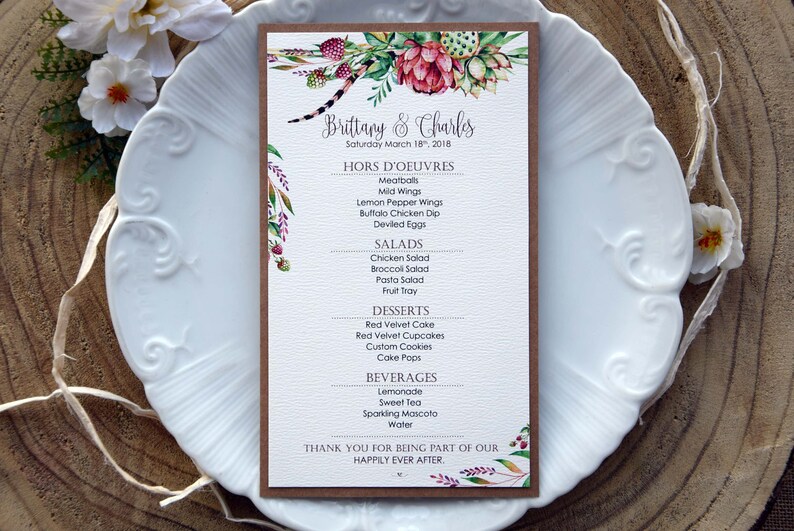 Green Watercolor Wedding Dinner Menu, Pink Dinner Menu, Floral Party ...