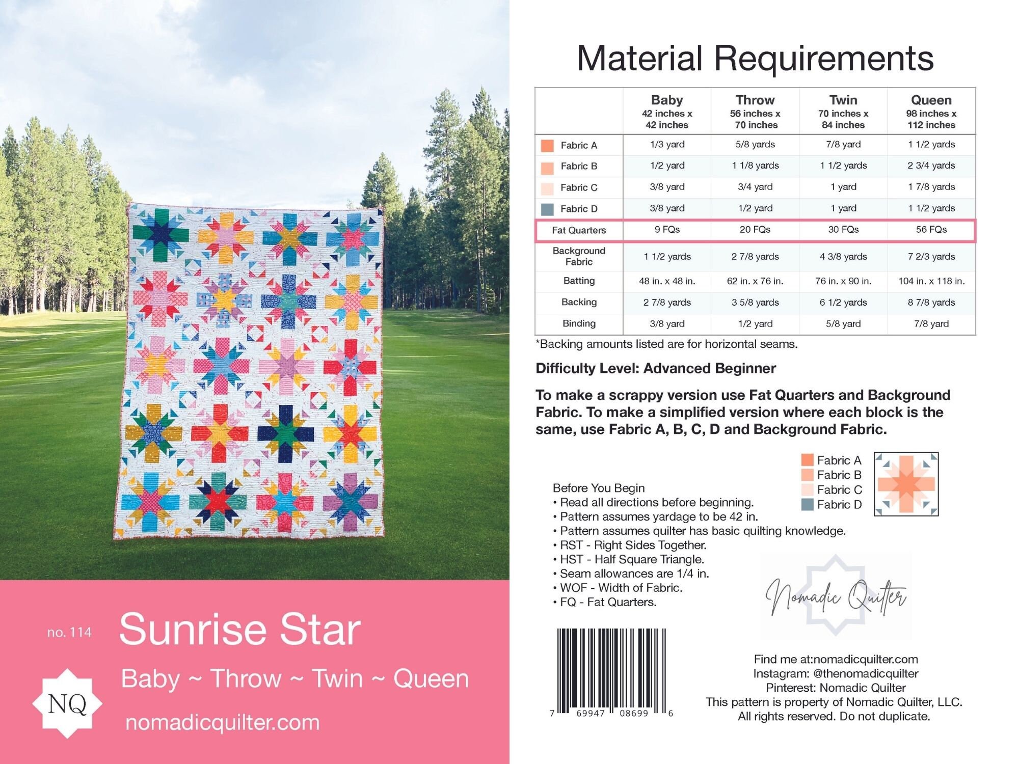 Sunrise Star Quilt Pattern - Modern Quilt Pattern - Fat Quarter Quilt ...