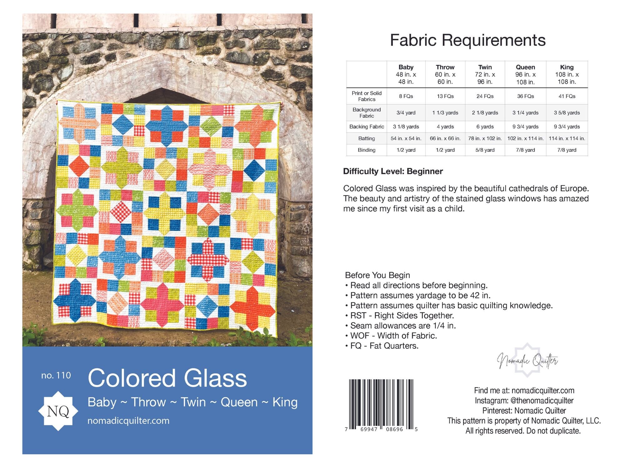 Colored Glass Quilt Pattern - PDF Quilt Pattern - Fat Quarter Quilt ...