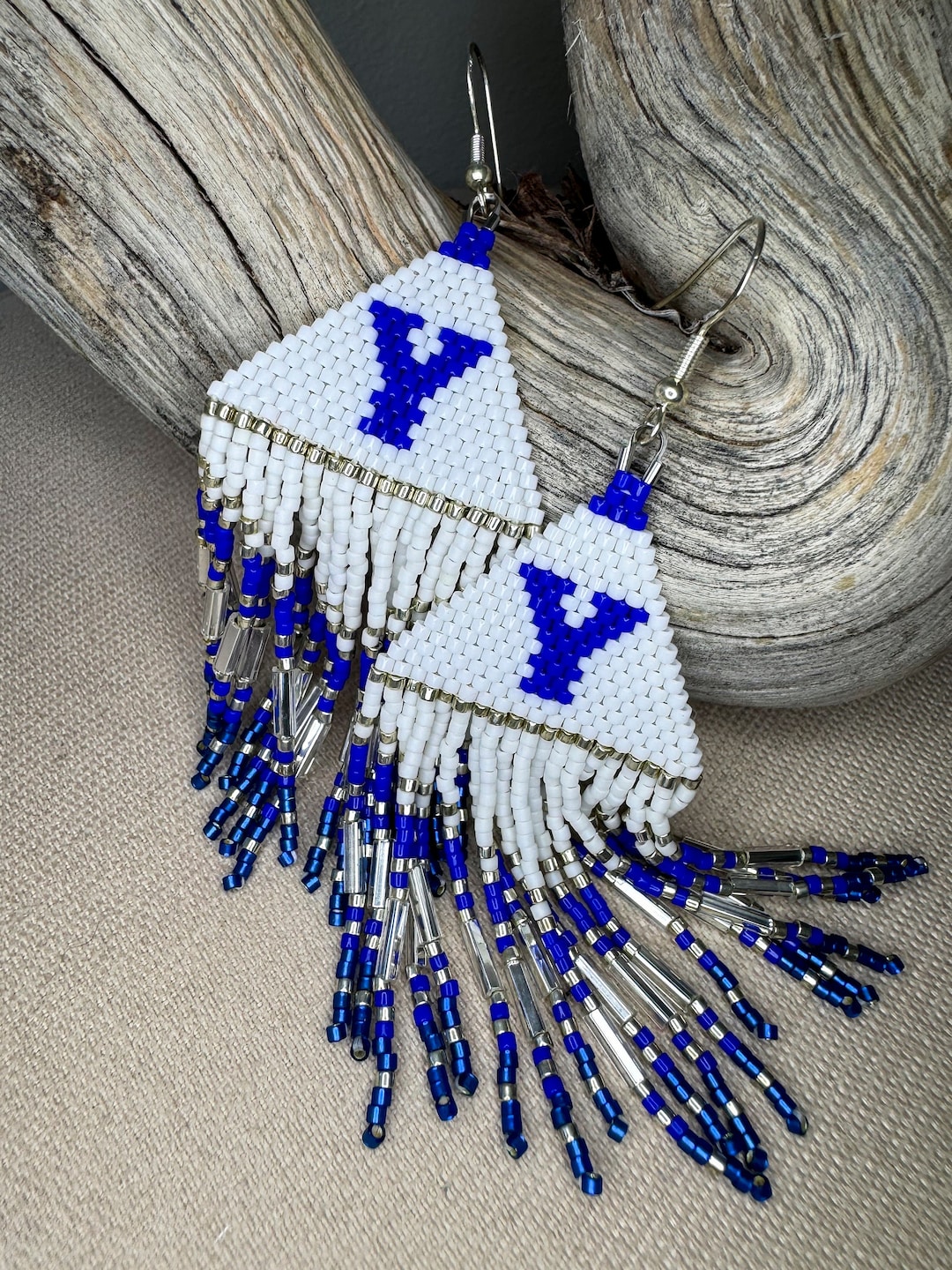 BYU Triangle Brick Beaded Earrings With Fringe, Brigham Young ...