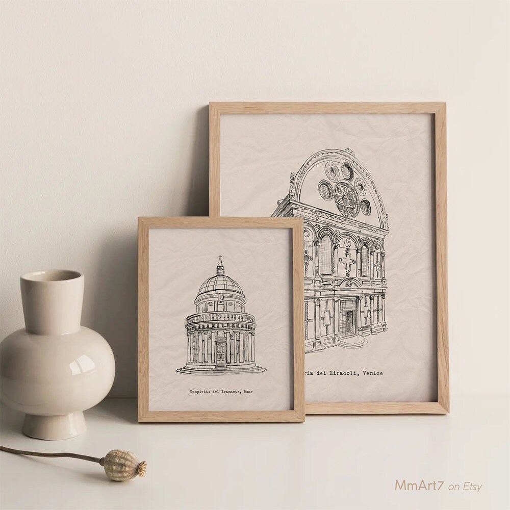 Vintage Architecture Pencil Drawing, Antique Line Art Print, City ...