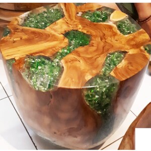 Teak Root & Cracked Resin Round Stool Green - Etsy UK