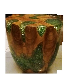 Teak Root & Cracked Resin Round Stool Green - Etsy UK