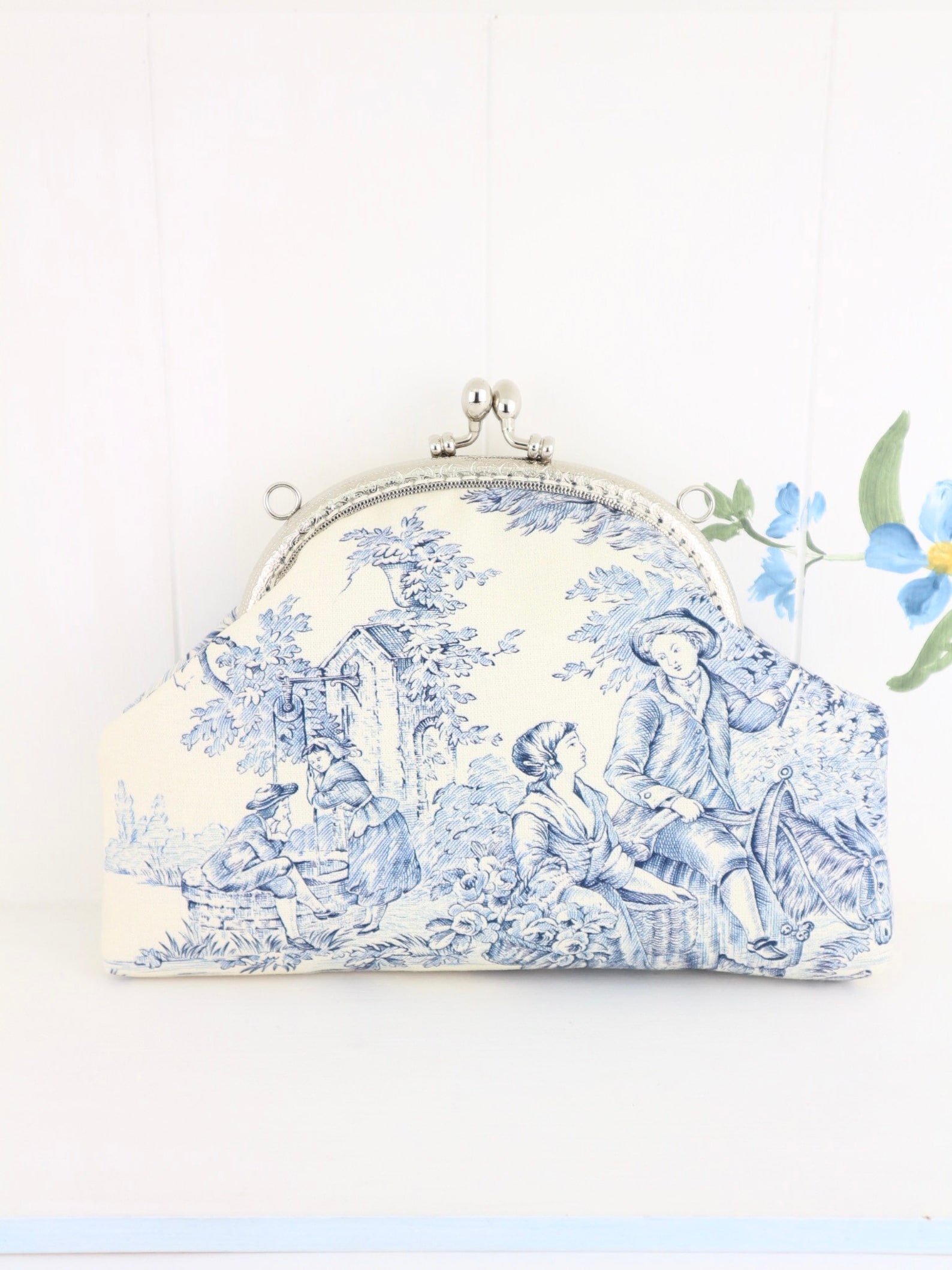Toile De Jouy Fabric Purse Bag. Blue and White Kiss Lock Clutch With ...