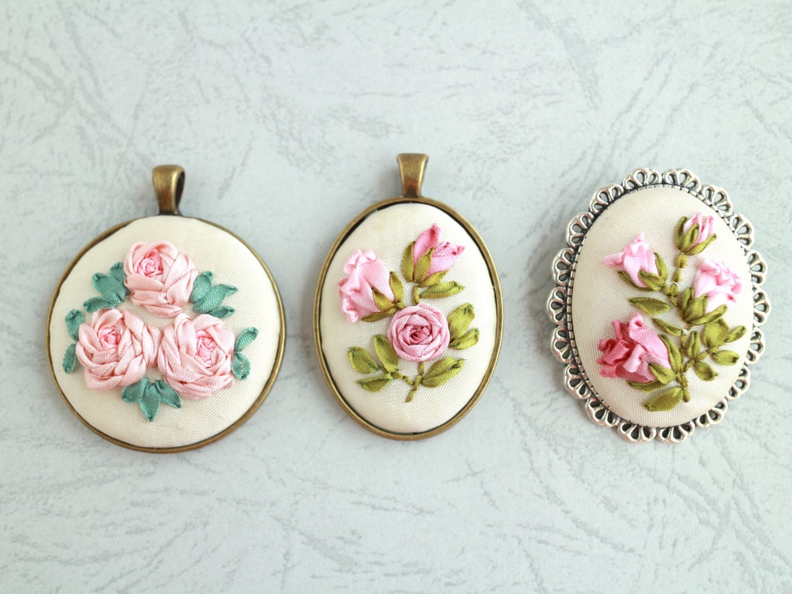 Ribbon Embroidery Brooch Lavender Purple Rose Shabby Chic | Etsy