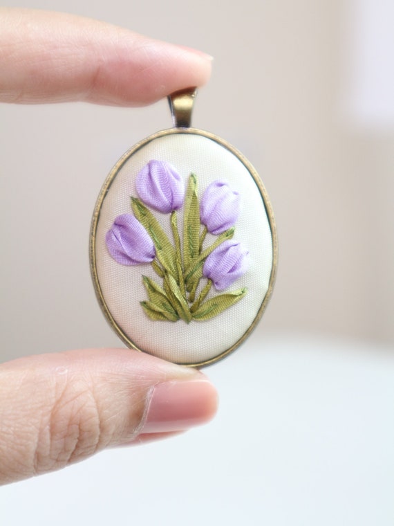 Silk Pendant Necklace. Silk Ribbon Flowers on Thai Silk | Etsy