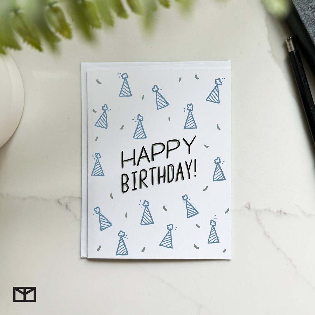 Party Hat Happy Birthday Card Blue - Etsy