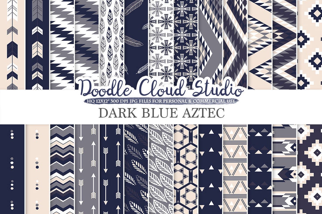 Navy Blue Aztec Digital Paper, Tribal Geometric Patterns (digital ...