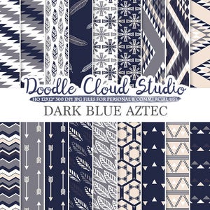 Dark Navy Blue Gray Cream Aztec Digital Paper, Tribal Patterns Native ...