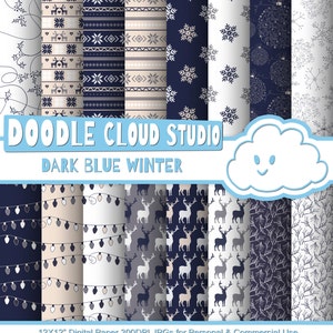 Dark Navy Blue Cream Gray Winter Digital Paper, Christmas Holiday ...