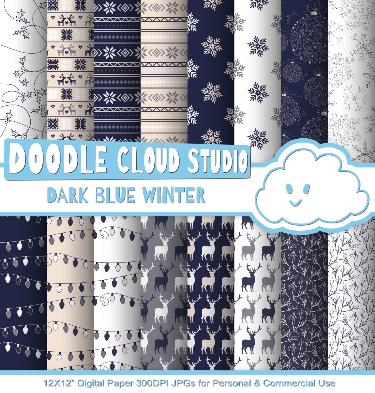 Dark Navy Blue Cream Gray Winter Digital Paper Christmas - Etsy