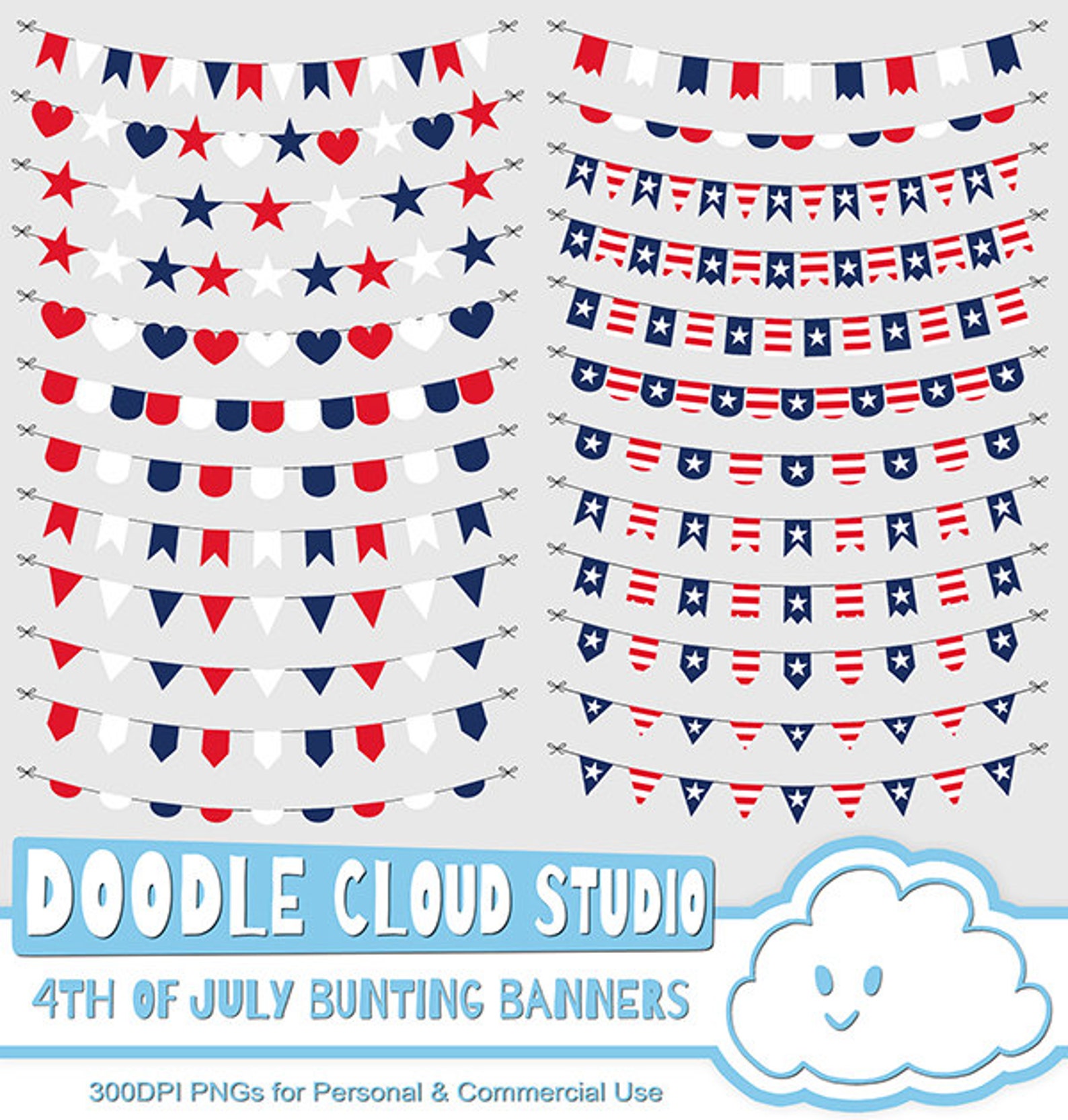 4th of July Bunting Banners Clipart Patriotic Flags Stars & - Etsy