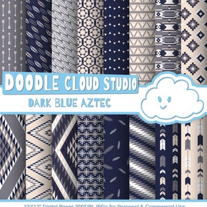 Dark Navy Blue Gray Cream Aztec Digital Paper, Tribal Patterns Native ...