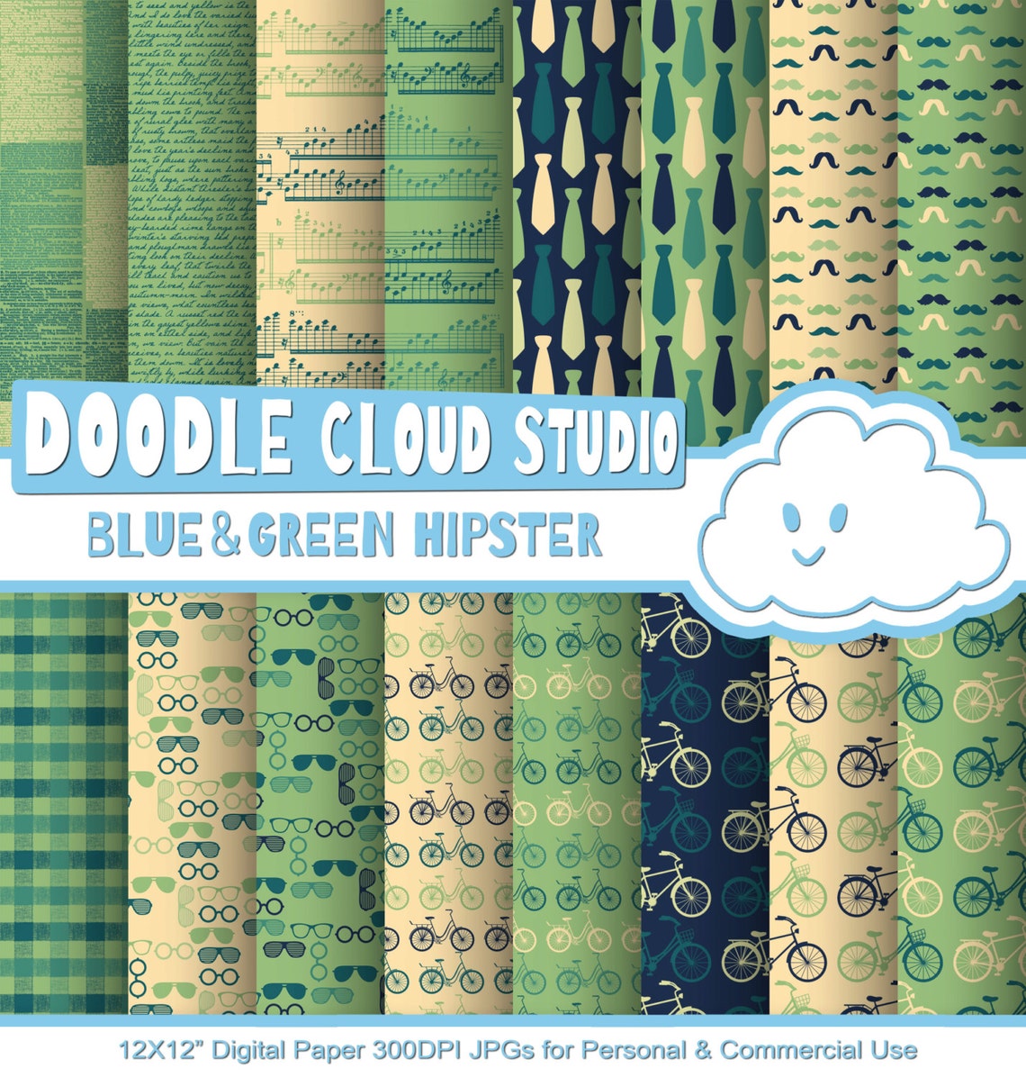Blue and Green Hipster Digital Paper Vintage Father's Day | Etsy