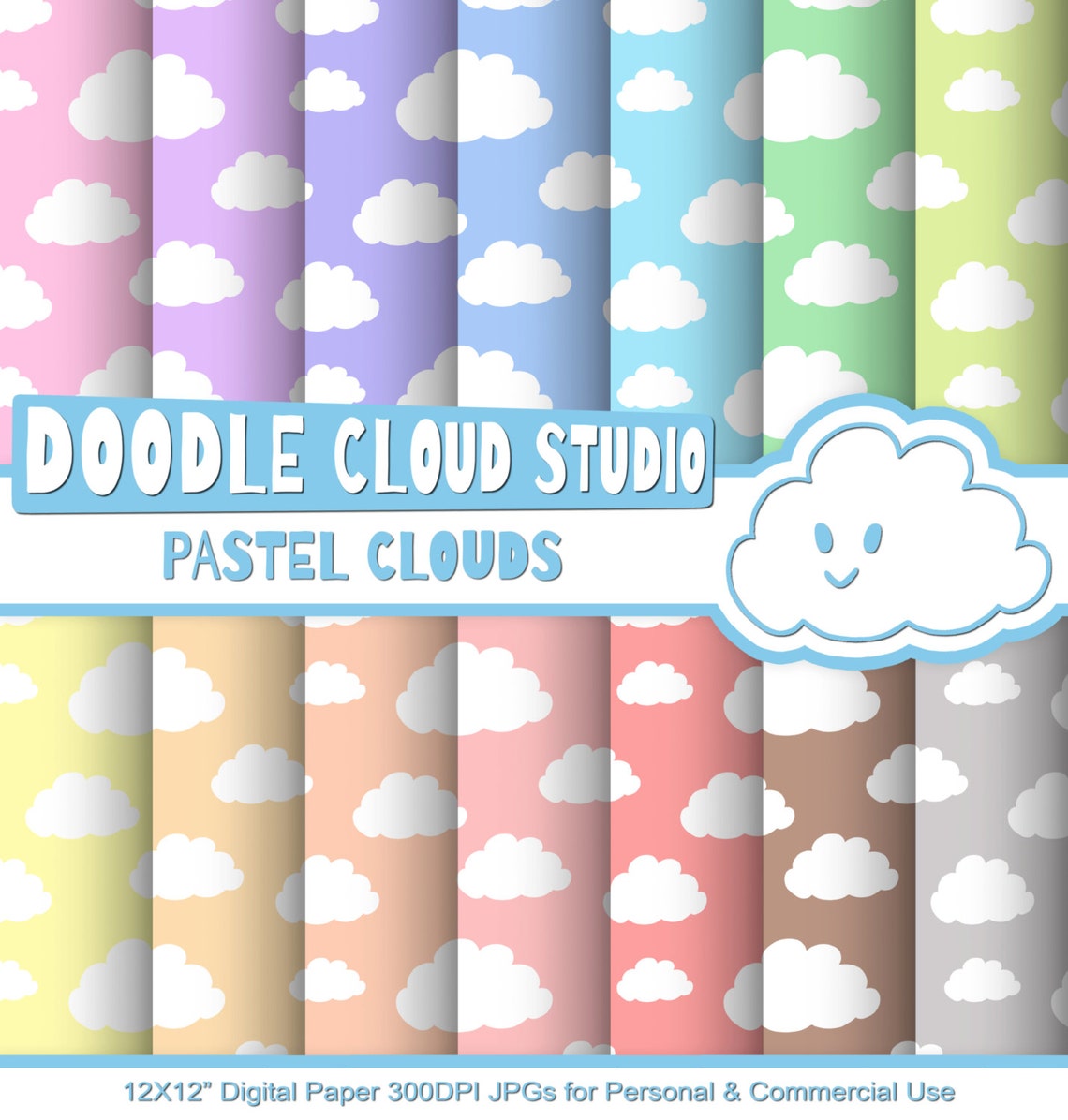Pastel Cartoon Clouds Digital Paper Cloud Pattern Digital - Etsy