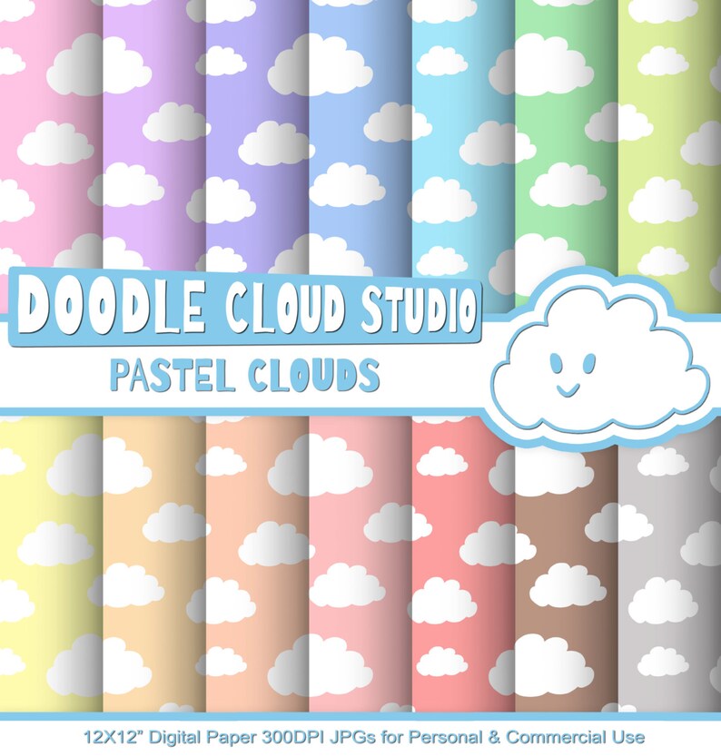 Pastel Cartoon Clouds Digital Paper Cloud Pattern Digital - Etsy