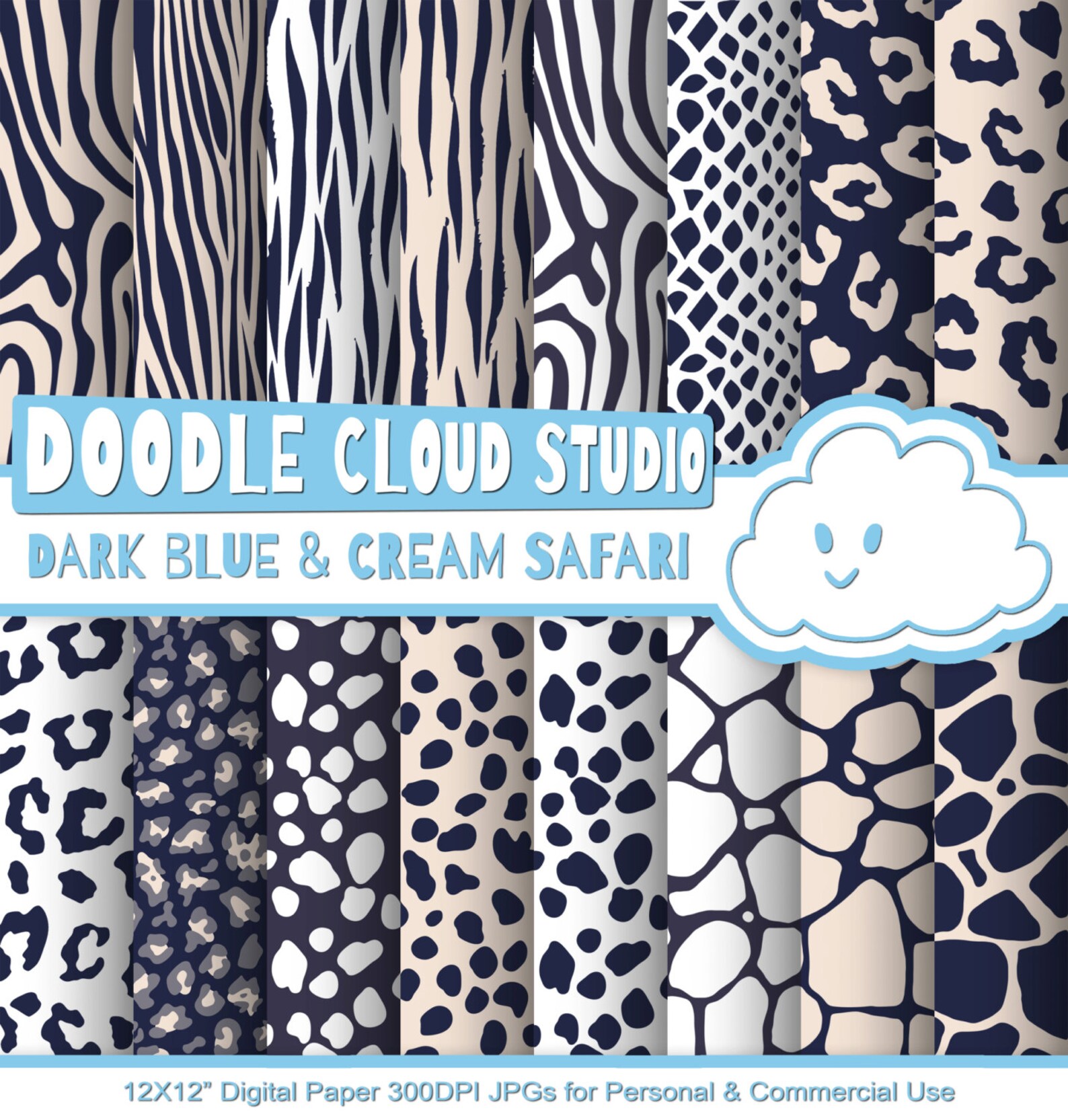 Dark Navy Blue Cream Grey Animal Safari Digital Paper Hide Pattern ...