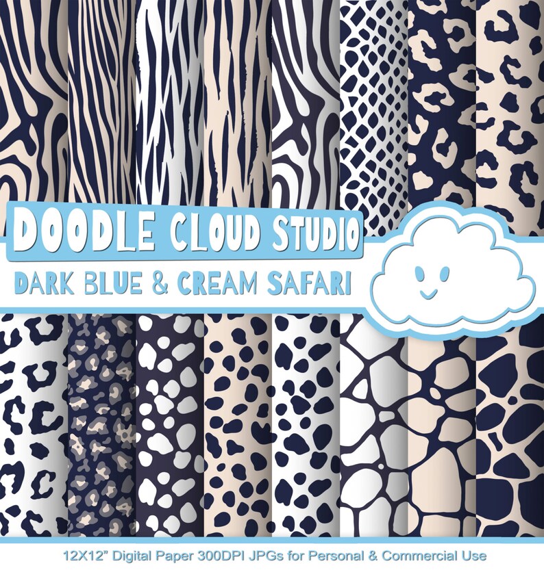 Dark Navy Blue Cream Grey Animal Safari Digital Paper Hide Pattern ...
