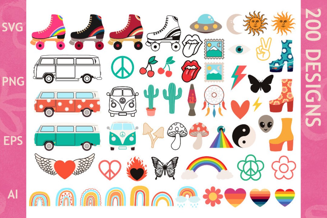 200 Retro Clipart and Cut Files, 70s Hippie, Groovy, Boho, Cute Clipart ...