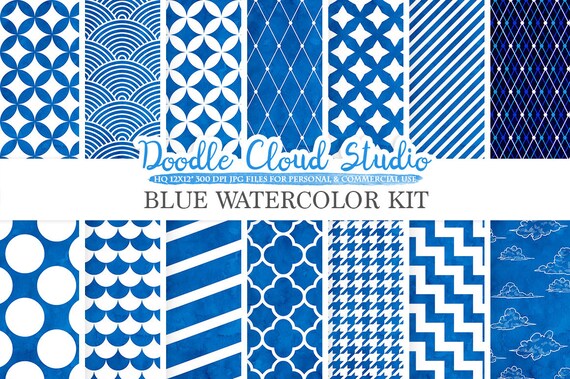 Blue Watercolor digital paper, Geometric Diamond Chevron Dots Scallops ...